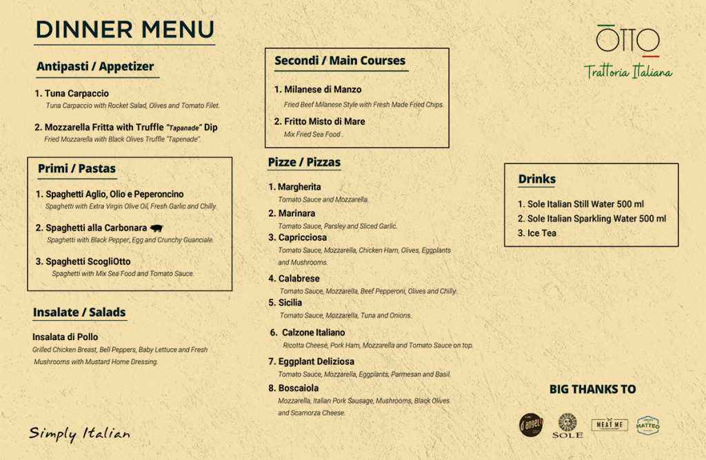 dinner menu – Otto Trattoria Menu