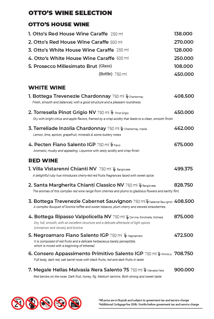 Alcohol Drinks – Otto Trattoria Menu