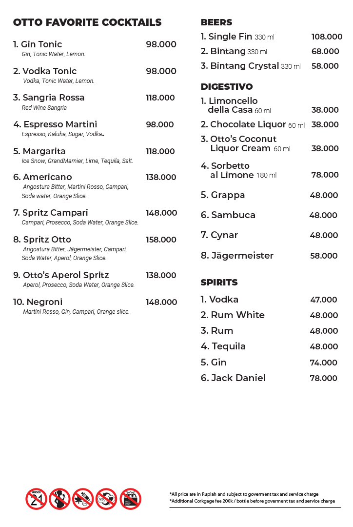 Alcohol Drinks – Otto Trattoria Menu